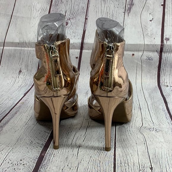 bp | Shoes | Bp Rose Gold Metallic Asymmetrical Cage 45 Heel | Poshmark
